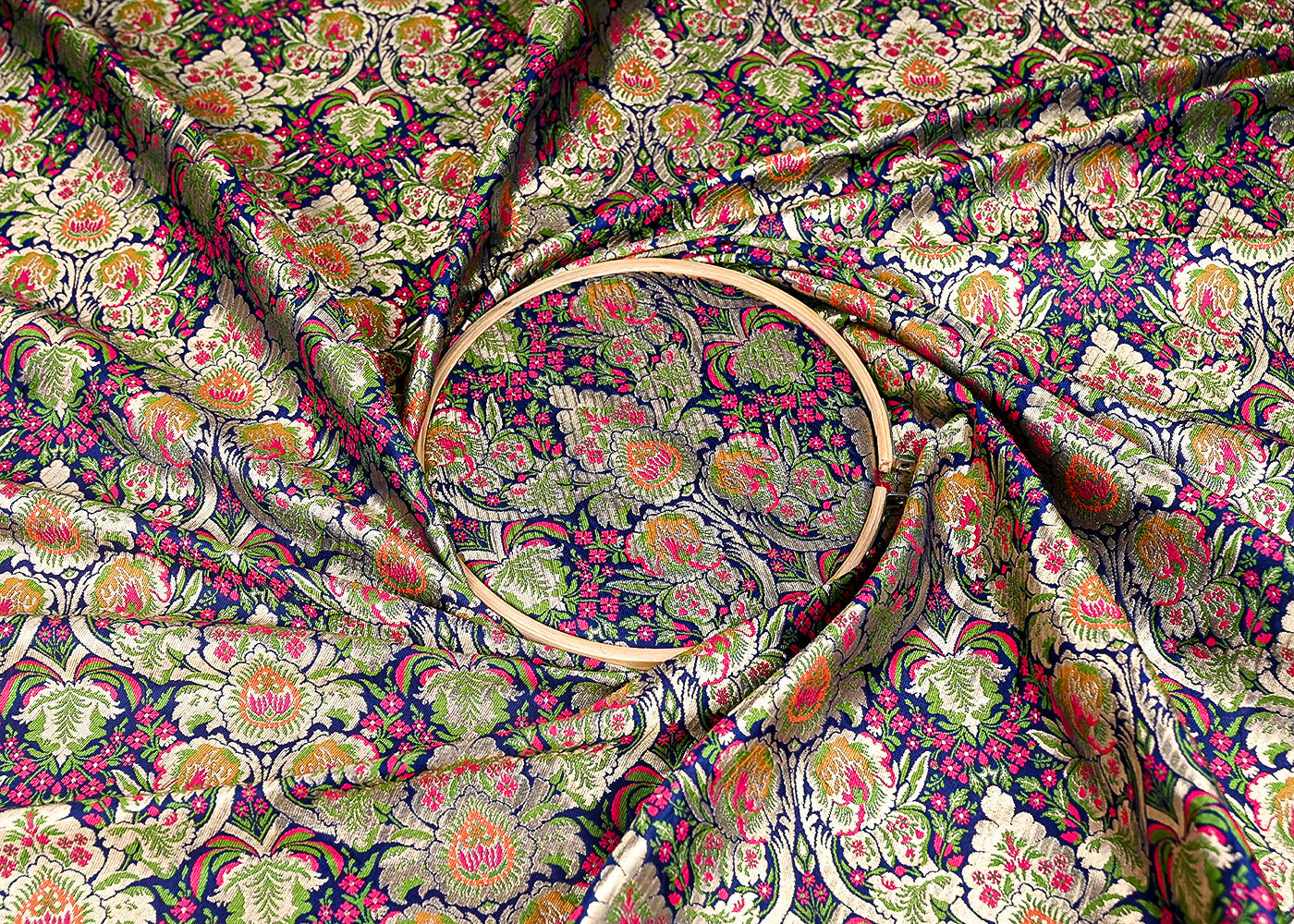 (Pre-Cut 0.85 MTR) Blue Banarasi Brocade Fabric With All Over Thread A