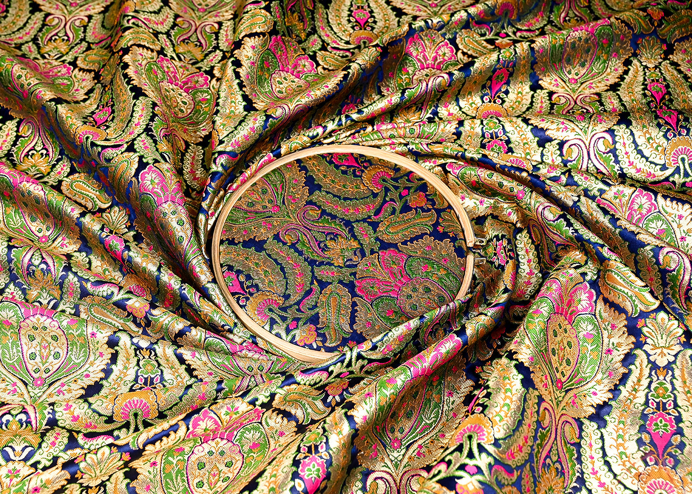 (Pre-Cut 1.1 MTR) Blue Banarasi Brocade Fabric With All Over Thread An