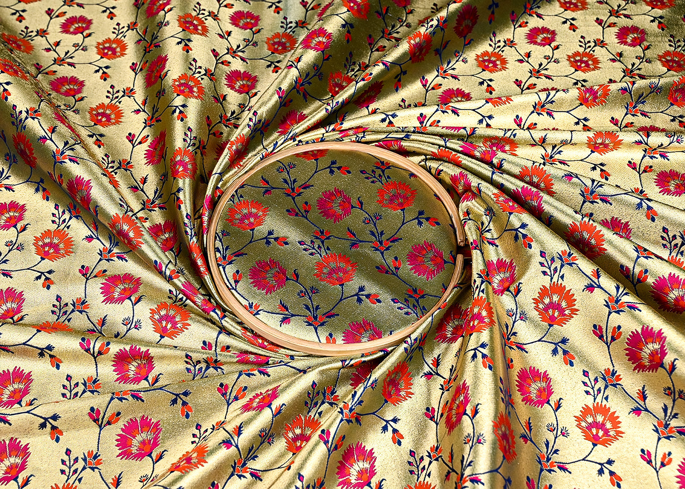 (Pre-Cut 1.9 MTR) Golden Banarasi Brocade Fabric With All Over Thread