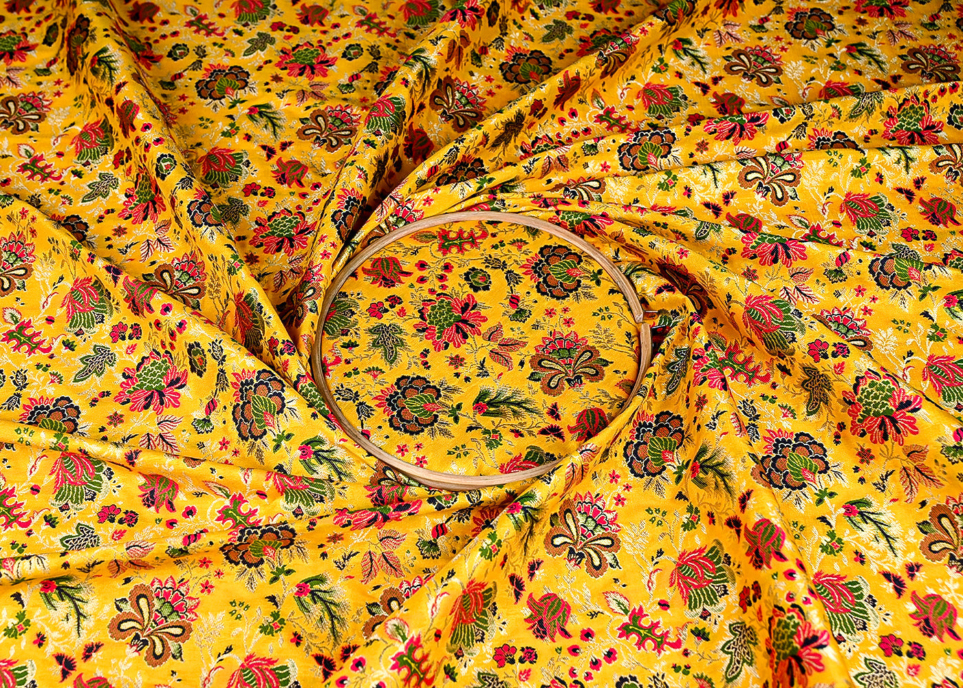 (Pre-Cut 2.2 MTR) Yellow Banarasi Brocade Fabric With All Over Thread