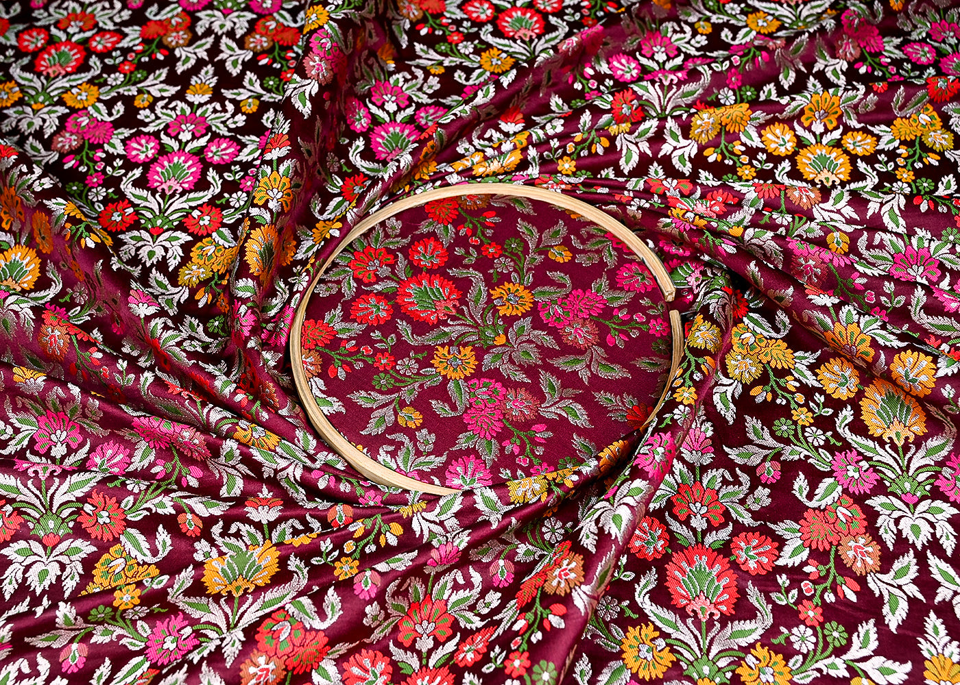 (Pre-Cut 0.8 MTR) Wine Banarasi Brocade Fabric With All Over Thread An