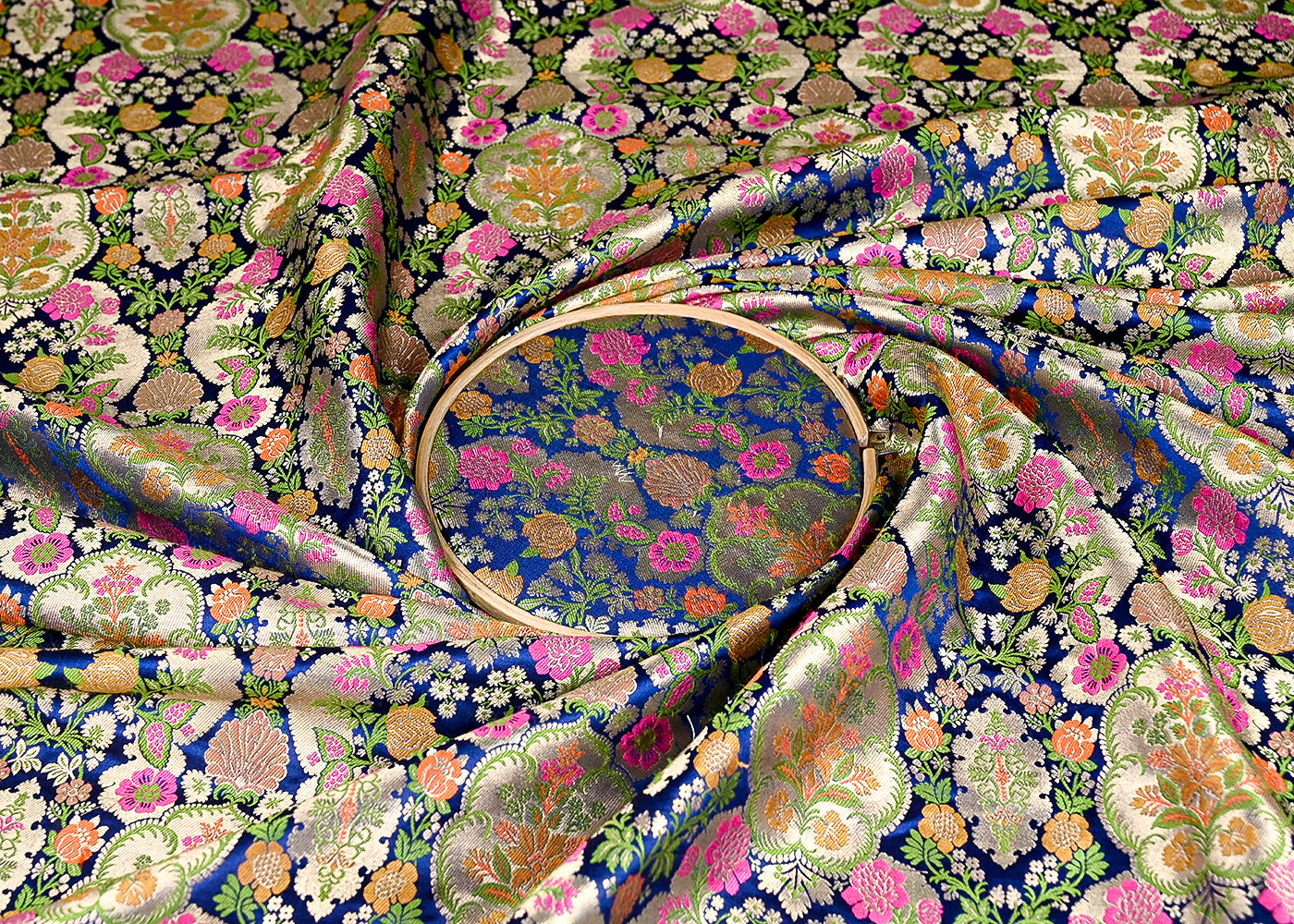 (Pre-Cut 3.4 MTR) Navy Blue Banarasi Brocade Fabric With All Over Thre