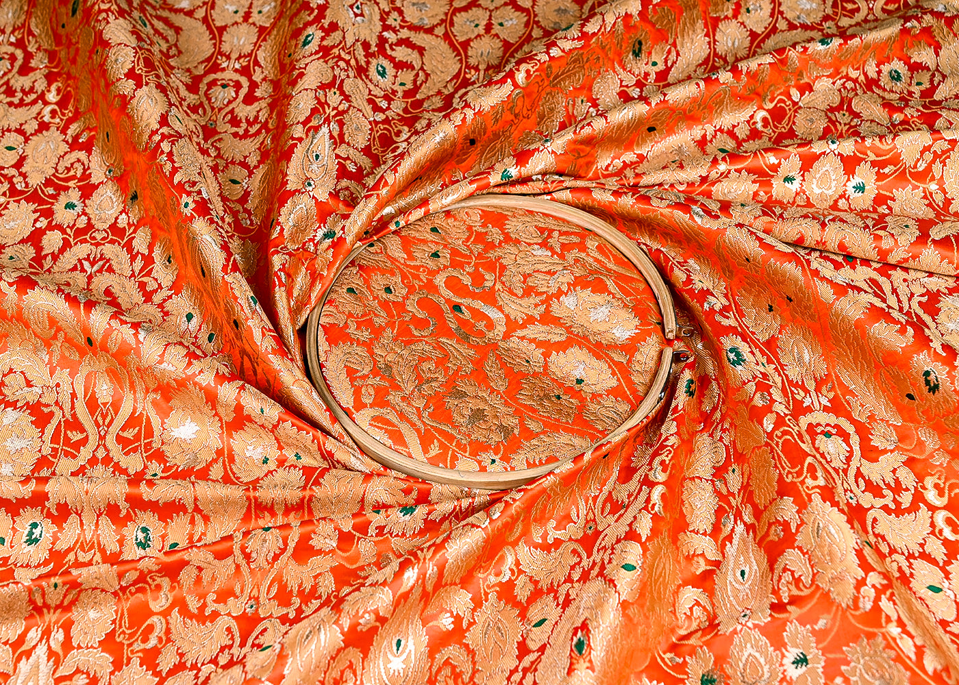(Pre-Cut 2.35 MTR) Deep Orange Banarasi Brocade Fabric With All Over T