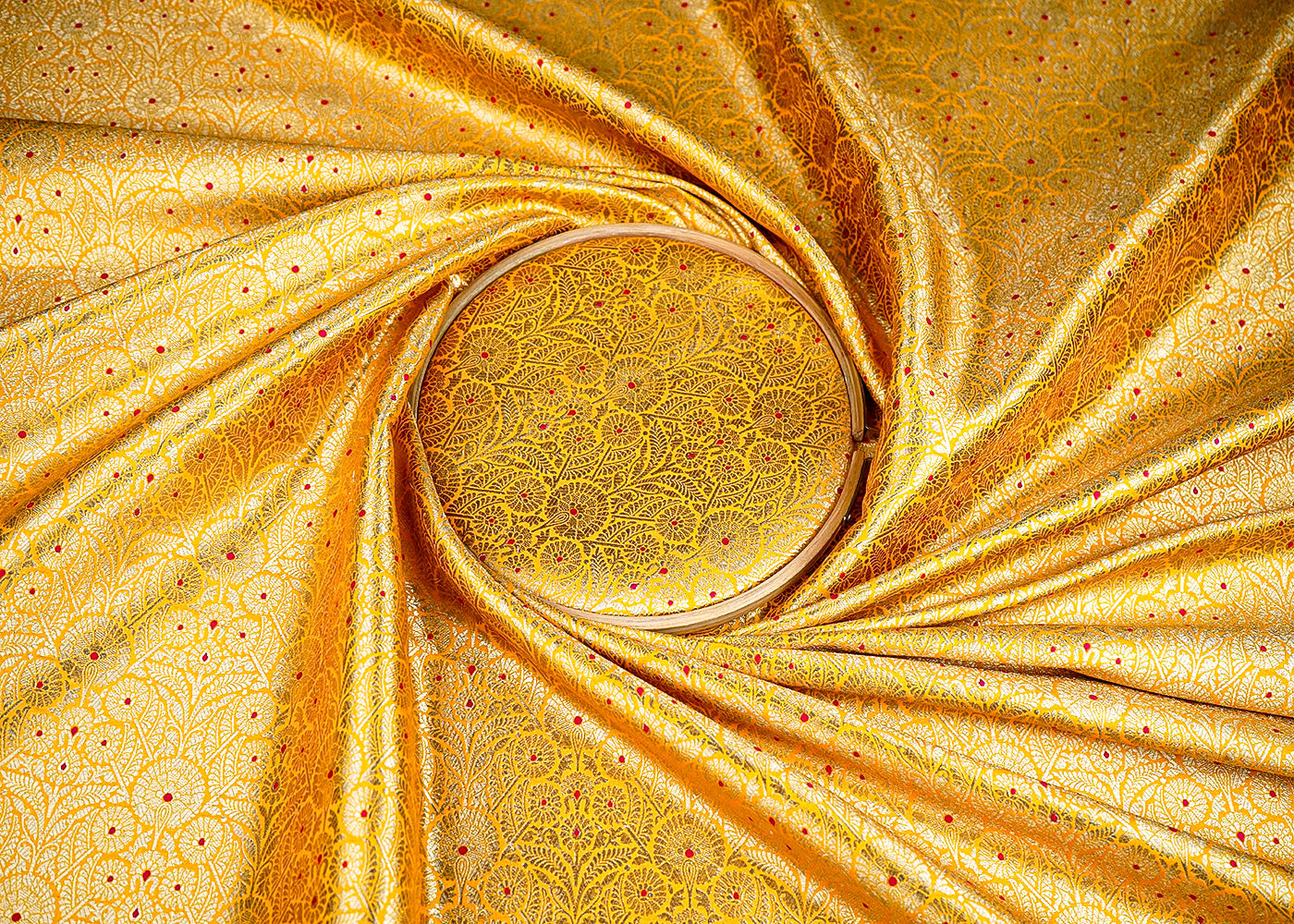 (Pre-Cut 2.2 MTR) Yellow Banarasi Brocade Fabric With All Over Thread