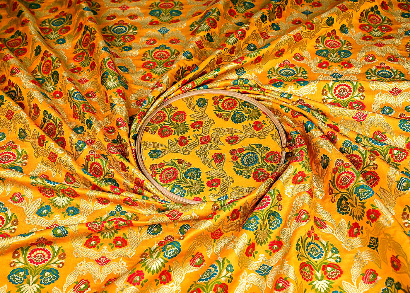 (Pre-Cut 1.9 MTR) Yellow Banarasi Brocade Fabric With All Over Thread