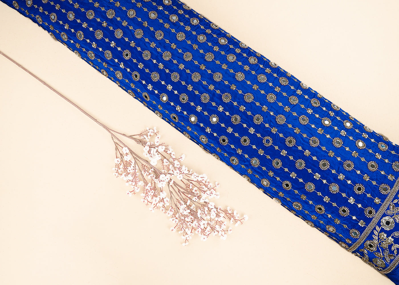 Roya Blue Crepe Fabric With All Over Sequins, Katdana, Zari, Mirror An