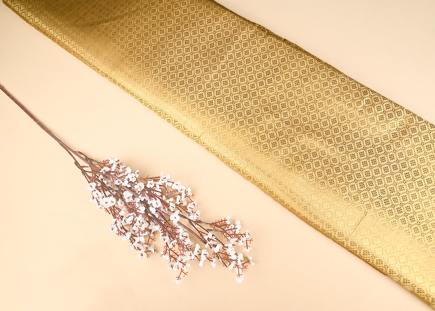 Golden Banarasi Brocade Fabric With All Over Thread And Golden Zari Ha