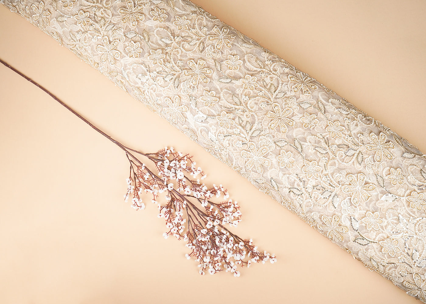 Cream Imported Net Fabric With All Over Bead, Sequins And 3D Flowers W