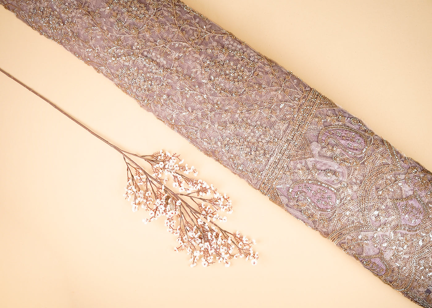 Light Pink Imported Net Fabric With All Over Sequins, Katdana And Bead