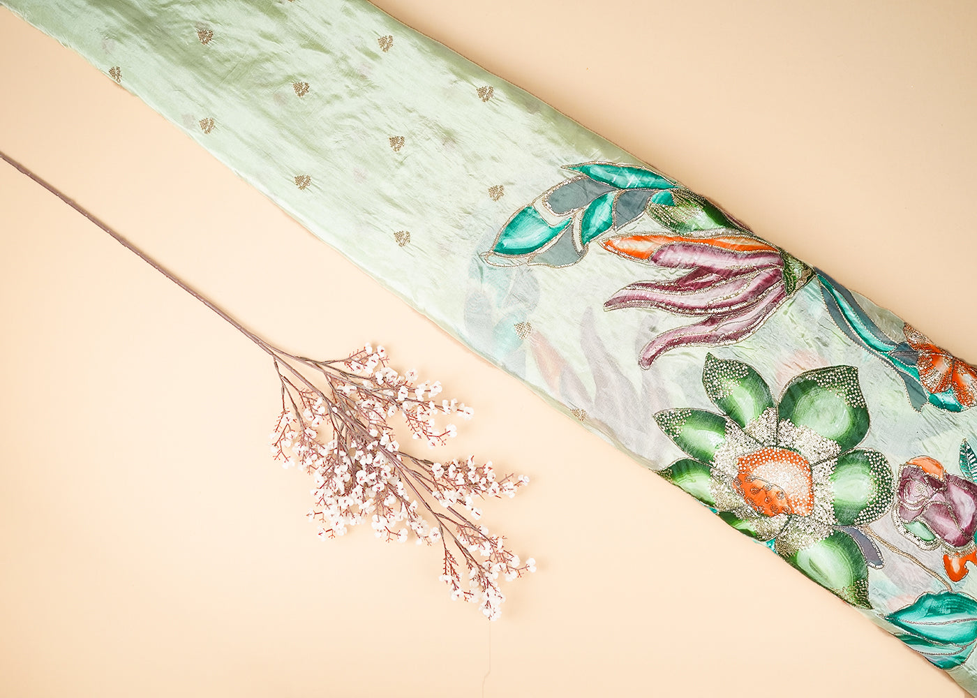 Pista Green Silk Fabric With Allover Buti Of Zari And Sequins With One