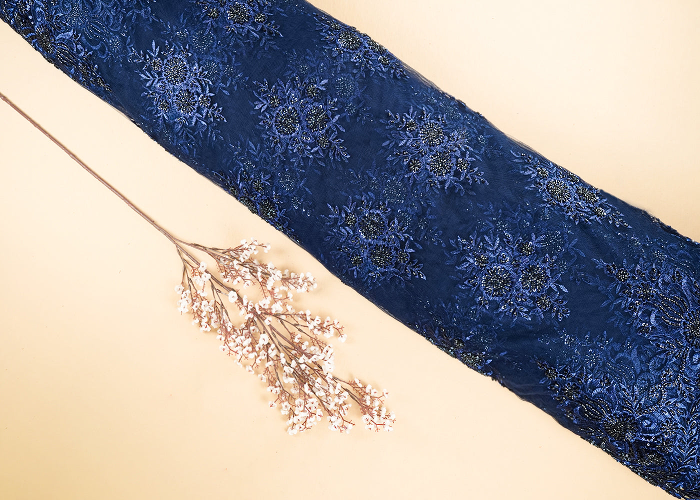 Navy Blue Net Fabric With Katdana, Sequins & Border 22008