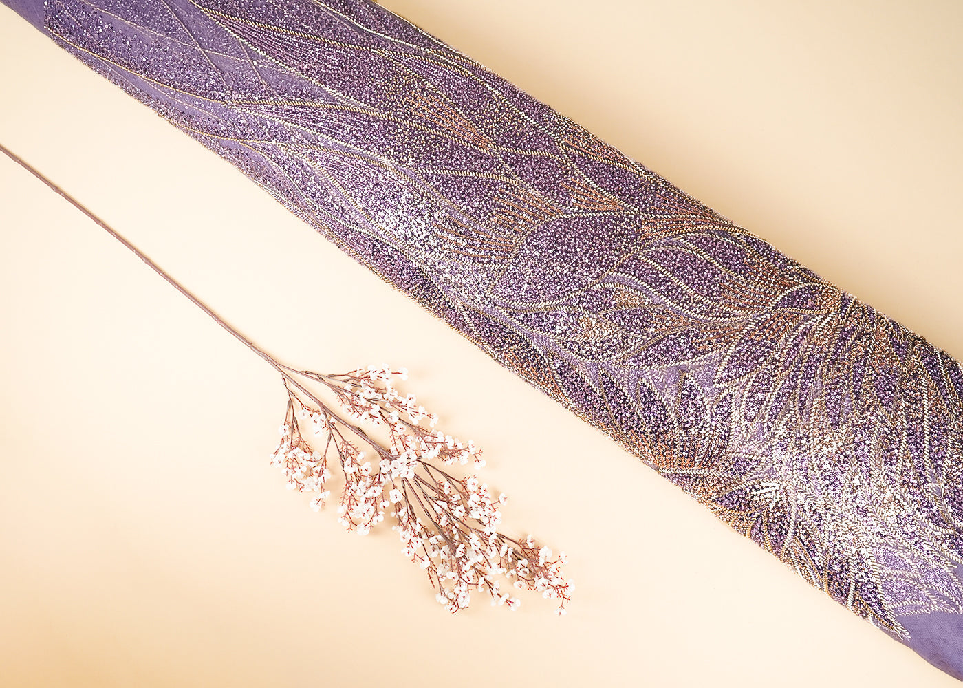 Lavender Imported Net Fabric With All Over Bead, Katdana And Sequins W