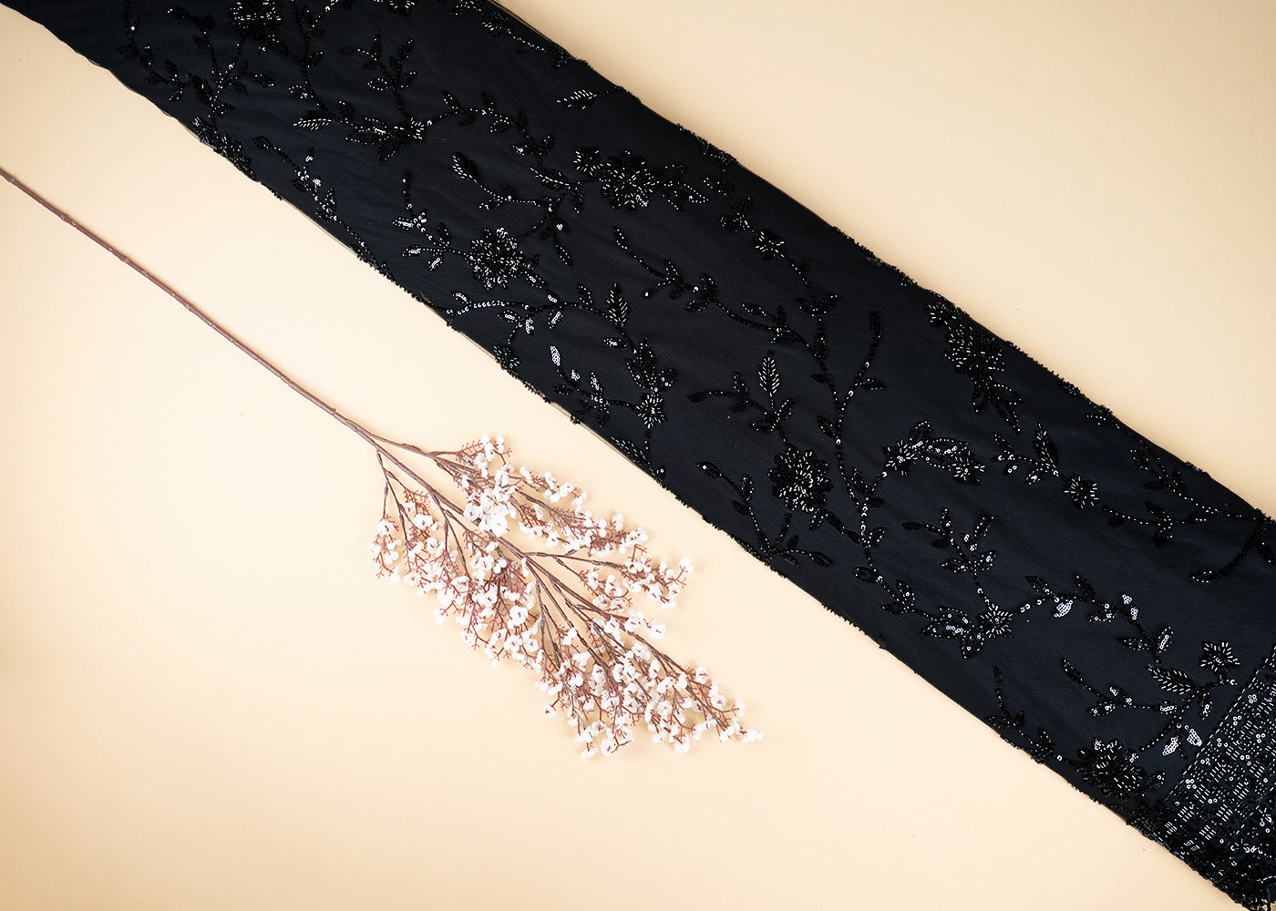 Black Imported Net Fabric With All Over Katdana, Bead And Sequins Work