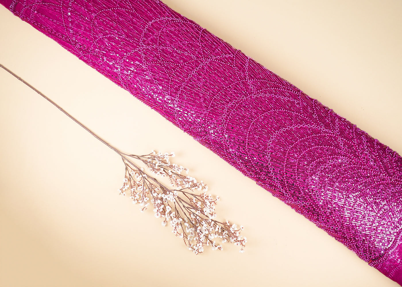 Magenta Imported Net Fabric With All Over Beads And Sequins Work With