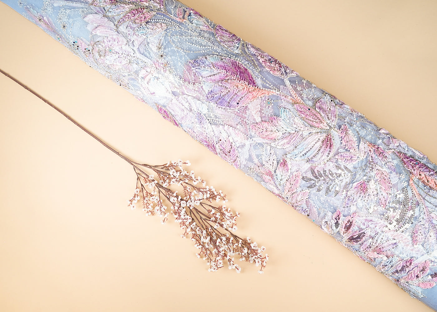 Ice Blue Imported Net Fabric With All Over Beads, Sequins And Ribbon W