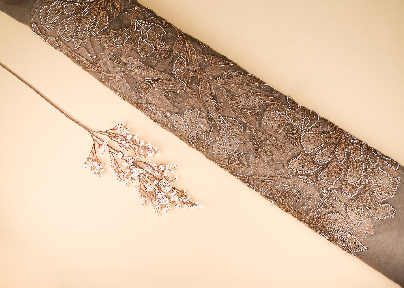 Beige Imported Net Fabric With All Over Bead, Sequins And Patch Work 2