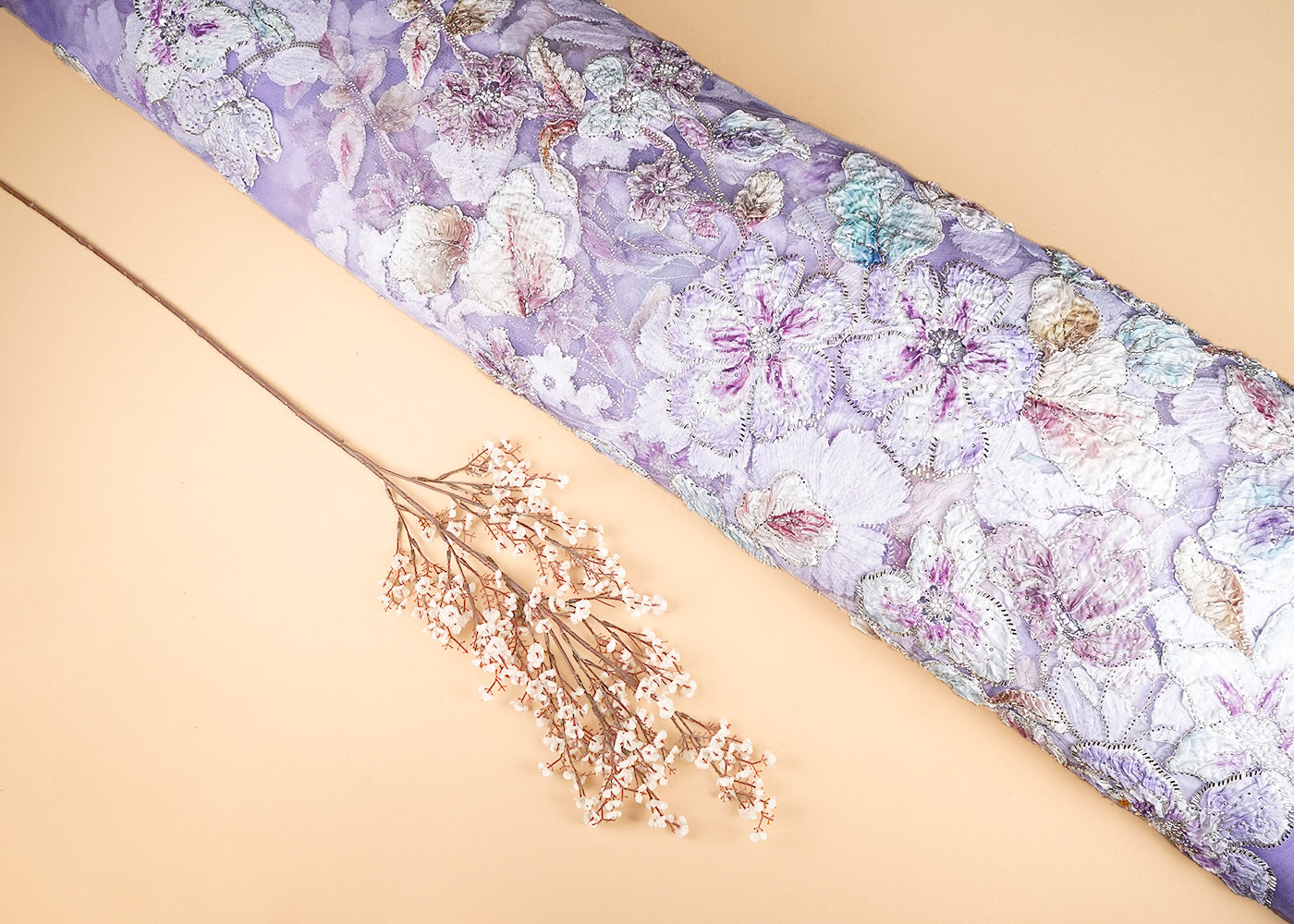 Lavender Net Fabric With All Over Bead And Ribbon Work 22099
