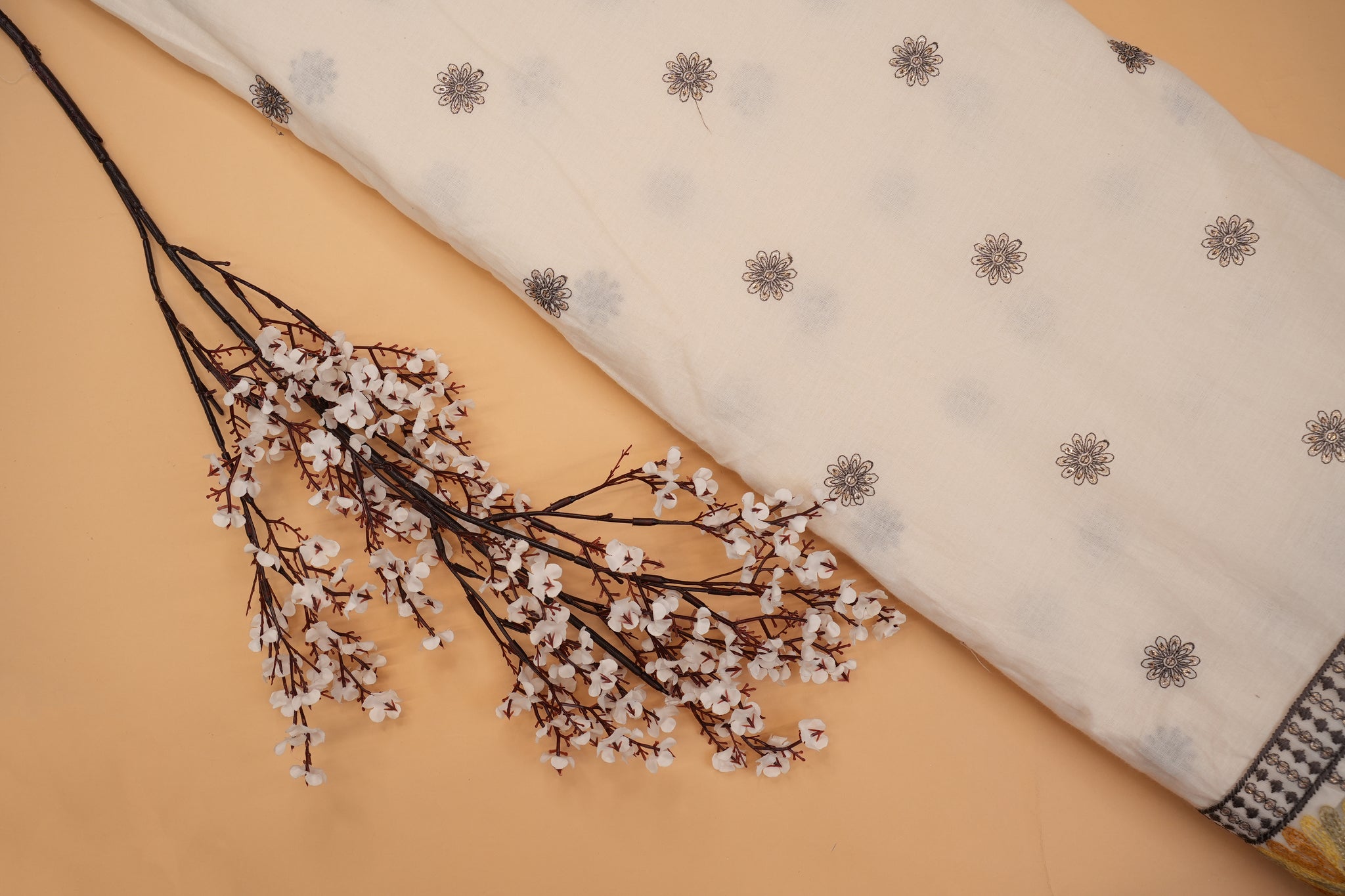 Yellow Floral patten with threadwork and sequins all over on cotton fa