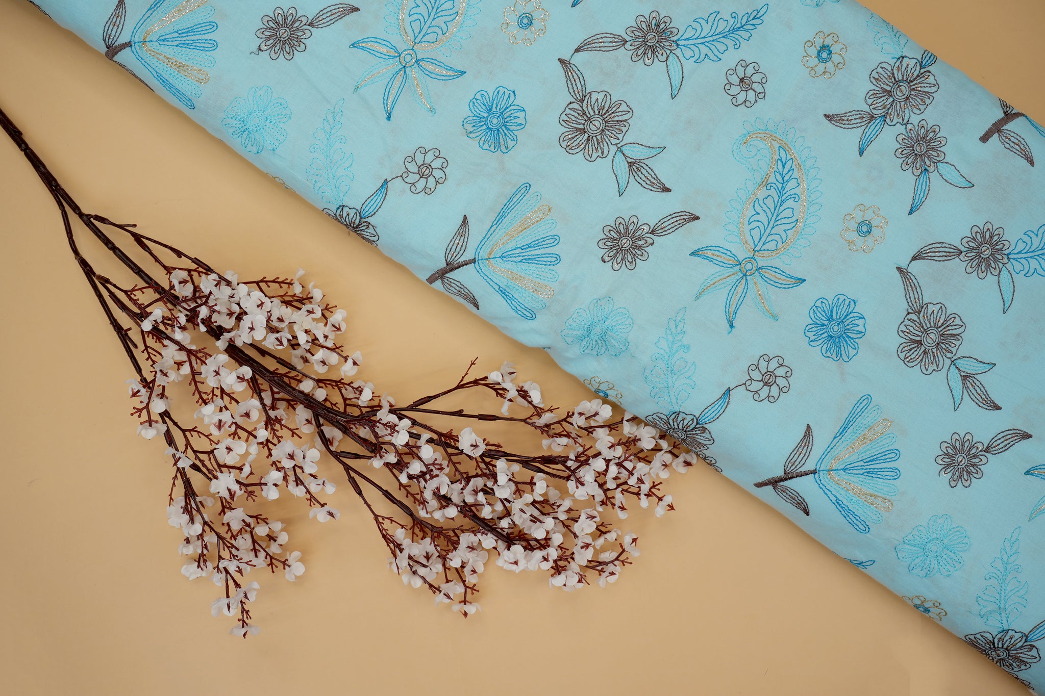 Sky blue Floral patten with threadwork all over on cotton fabric