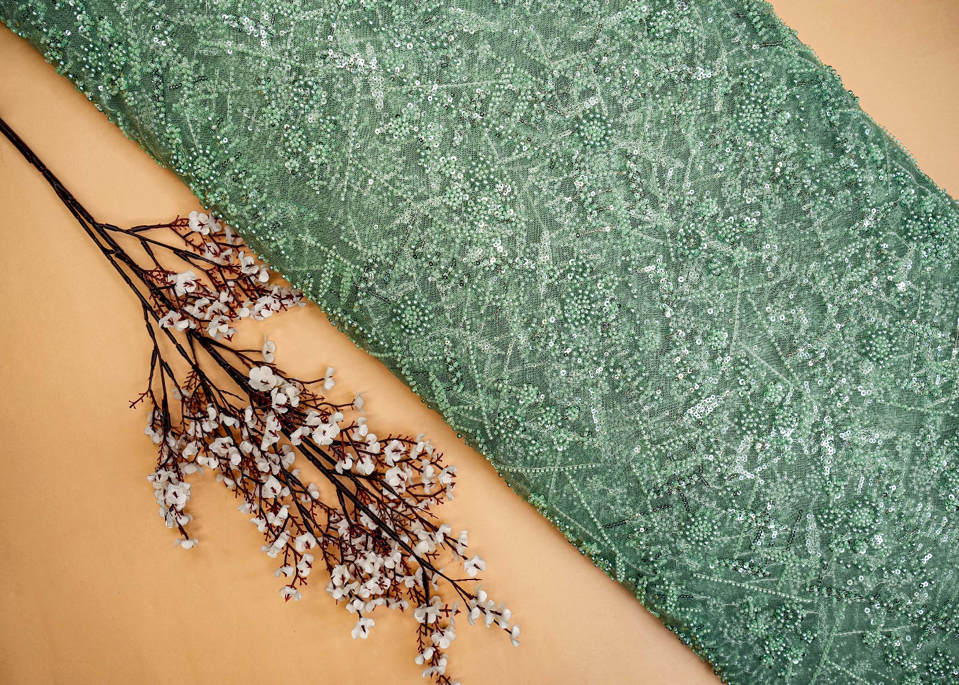 Mint Green Net Adorned with Beads, Pearls, and Sequins